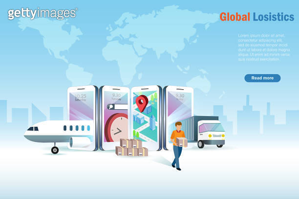 Global online smart logistics. Delivery airplane and truck on smart ...