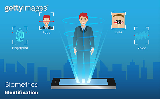 Businessman standing on smart phone using biometric identification ...