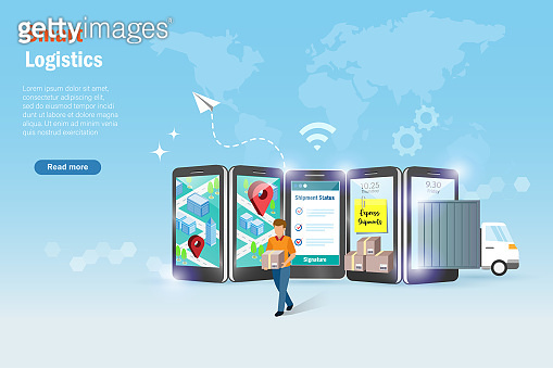 Global online smart logistics. Delivery man and truck on smart phone ...