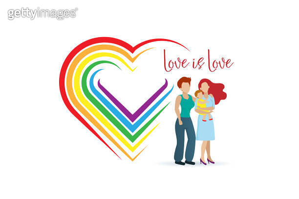 Lesbian family holding adopted baby with love and LGBT rainbow color in ...