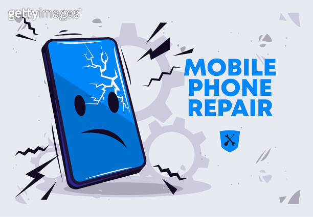 Vector illustration fictional sad character mobile phone, broken glass ...