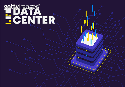 Vector illustration of a data center object with incoming information ...