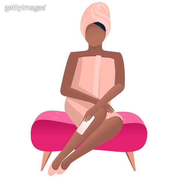 African-American woman removes hair from her legs. Depilation, shaving ...