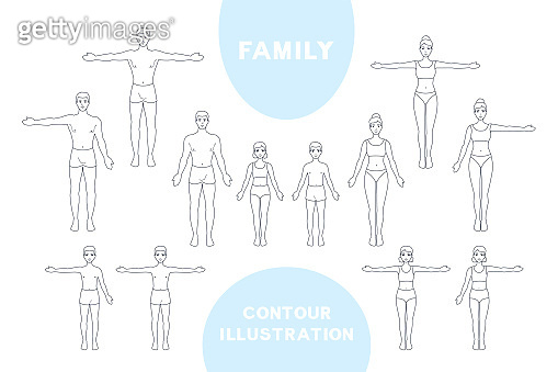 Family body anatomy contour illustration. A man, a woman, children a ...