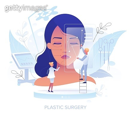 Doctor plastic surgeon drawing incision lines on female face, vector ...