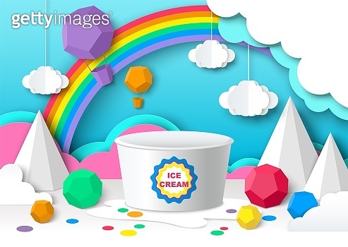Ice cream plastic bucket mockup, paper cut sky clouds rainbow, vector ...