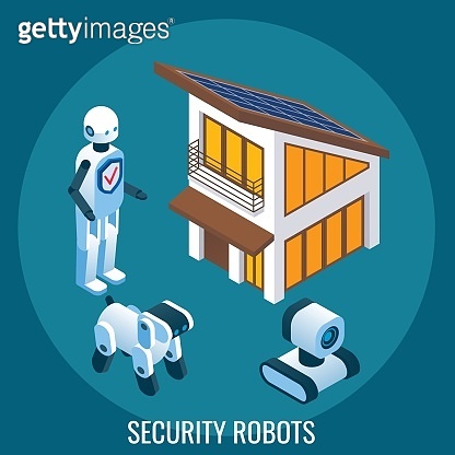 Automated security and surveillance robots protecting house, vector ...