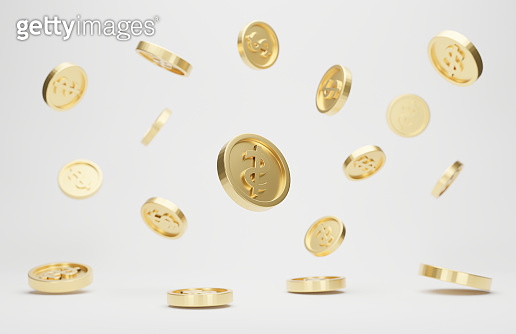 Gold coins with dollar sign falling or flying isolated on white ...