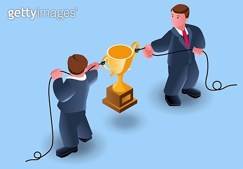 Championship battle, two cartoon businessmen fighting for a trophy in a ...