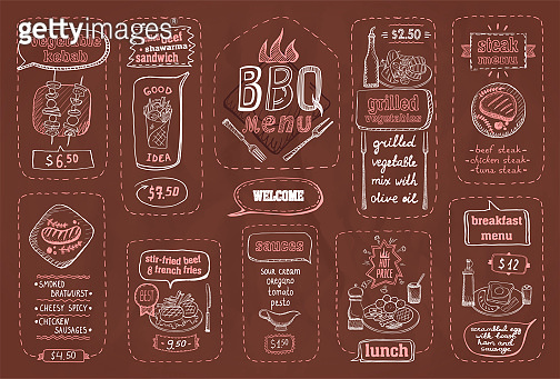 Barbecue menu template - beef steaks, sausages, lunch, breakfast and ...