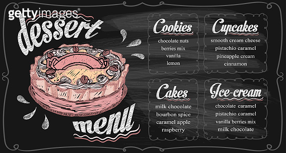 Chalk dessert menu board with cupcakes, cakes, ice-cream and cookies ...