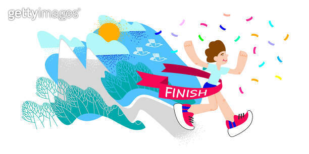 Trail Running, winner. Runner crossing finish line with red ribbon ...