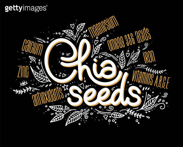 chia seeds symbol with beneficial features. lettering with leaves and ...