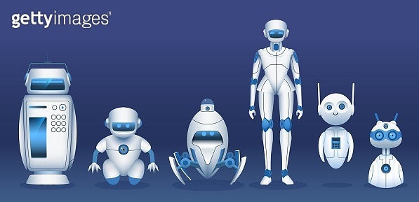 Robot characters. Cartoon futuristic robots, androids, cyborgs and bots. IT future technology ...