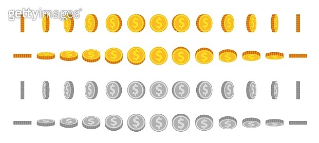 Cartoon coin animation sprites. Gold and silver coins flip and rotate ...