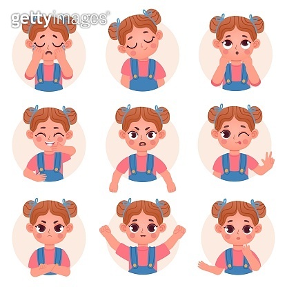 Cute child girl avatar facial emotions and feelings. Little kid face ...