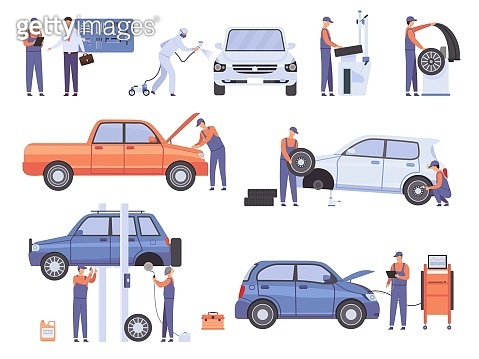 Car repair service workers. Mechanic in automobile workshop change ...