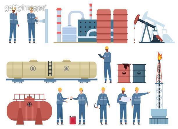 Flat oil engineer workers and gas industry buildings. Petroleum rig ...