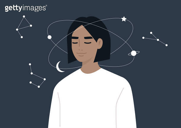 Young dreamy female character imagining the universe spinning around ...