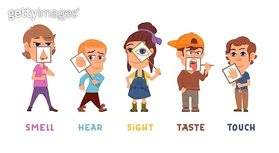 Five senses. Kids sense, taste hear sight smell touch organs. Children ...