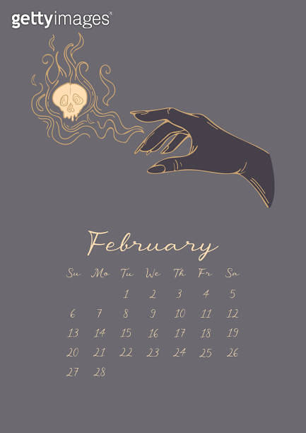 Magic calendar 2022. Month February. Vector illustration, vintage style ...