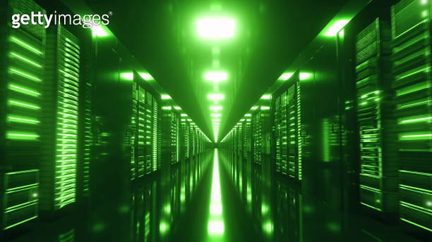 Modern working server room with rack servers. Data center with endless ...