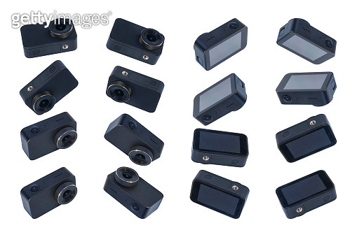 Set of compact action cameras of different angles isolated on a white ...