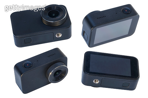 Set of compact action cameras of different angles isolated on a white ...
