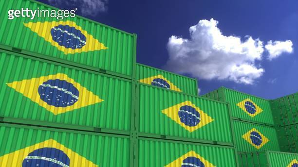 Brazil flag containers are located at the container terminal. Concept ...