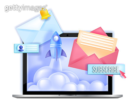 Subscribe newsletter online email marketing vector illustration, rocket ...