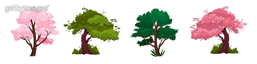 Spring trees vector nature illustration collection with pink blossom ...