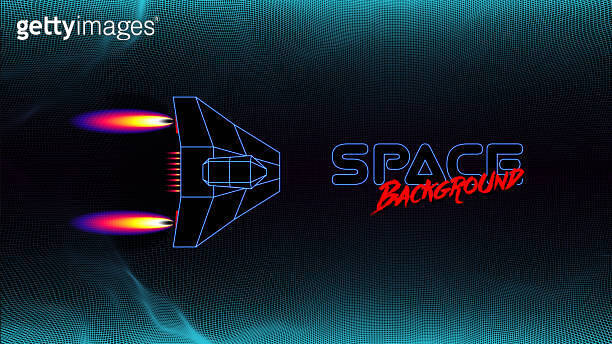 Arcade space ship flying over the the blue corridor or canyon landscape ...