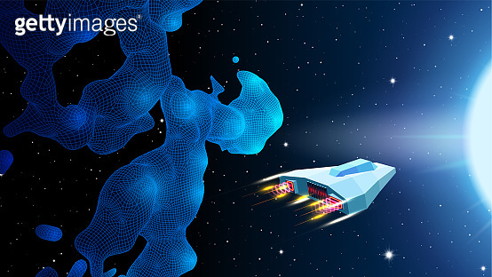 Arcade space ship flying to the cave gateway in blue corridor 3D ...