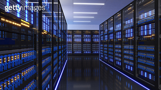 Shot of Data Center With Multiple Rows of Fully Operational Server ...