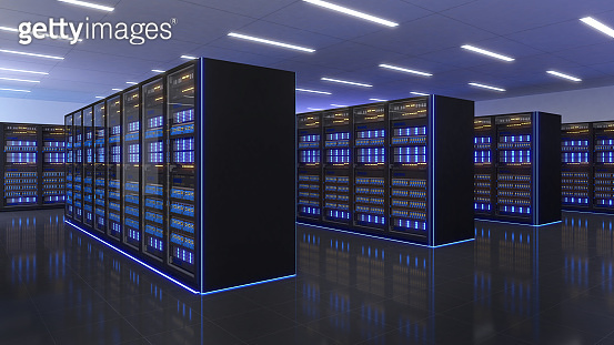 Shot of Data Center With Multiple Rows of Fully Operational Server ...