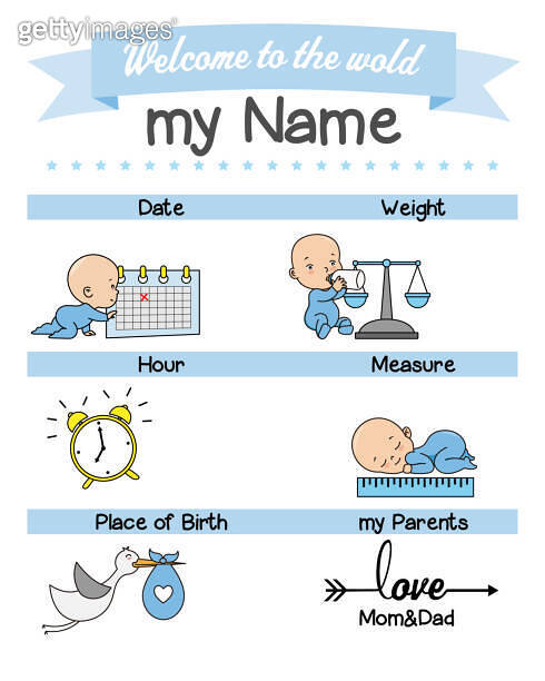 Baby birth print. Baby data template at birth. 이미지 (1324197888) - 게티이미지뱅크