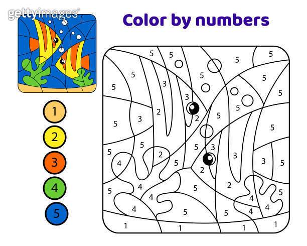 Fish in the underwater world. Color by numbers. Black and white vector ...