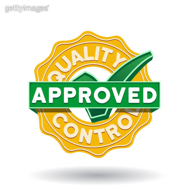 quality control approved icon concept. text inside badge and check mark ...
