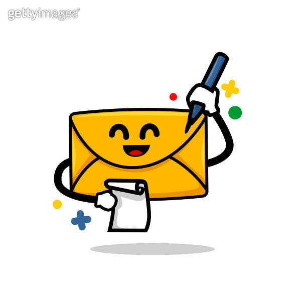 write an email. isolated cute mail cartoon face chracter holding pen ...