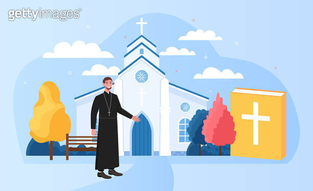 Male priest standing outside big white church 이미지 (1320496216) - 게티이미지뱅크