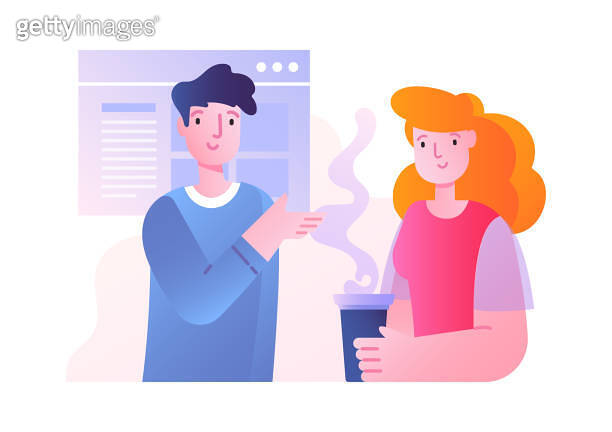 Office scene with male and female characters talking on a break ...