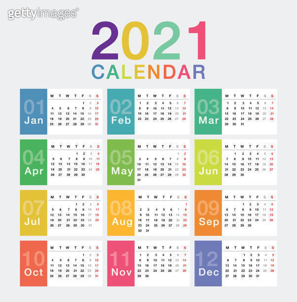 Colorful Year 2021 calendar horizontal vector design template, simple ...