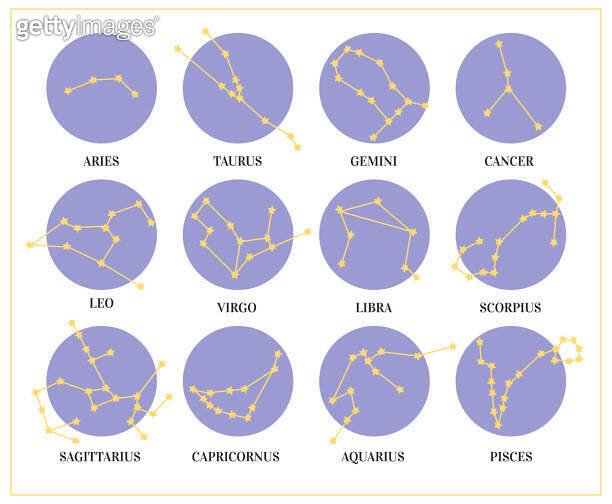 Zodiac signs icon set. Golden yellow signs of the zodiac on violet ...
