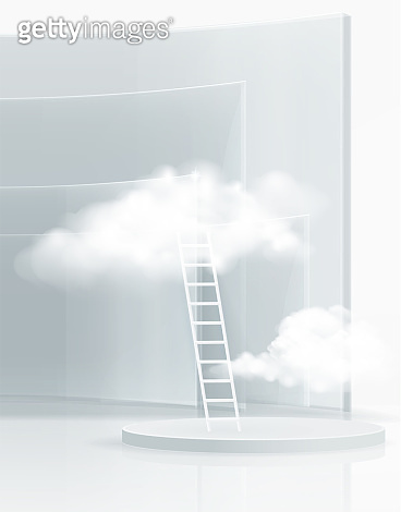 Studio room concept white cylinder podium ladder and cloud platforms ...