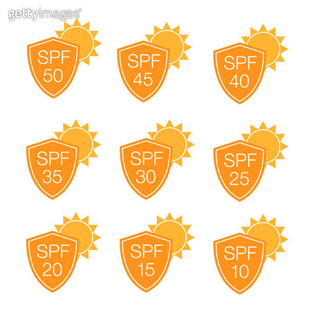 Sun protection SPF sunscreen packaging label icon set. Sunblock ...