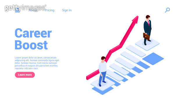 3D Career ladder concept. Landing page or web banner concept. Person at ...