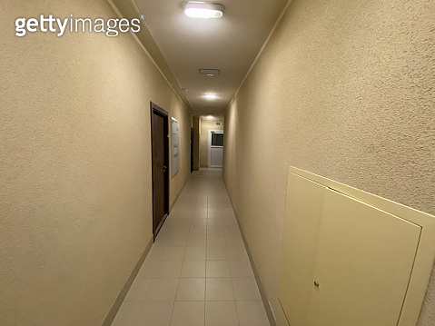 Corridor of new residential building under construction view. Aerated ...