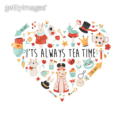Colorful compositions with characters, symbols of Alice in Wonderland ...