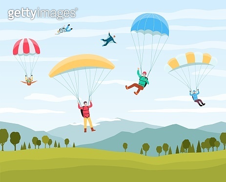 Cartoon people jumping with parachutes in summer sky 이미지 (1311131338 ...