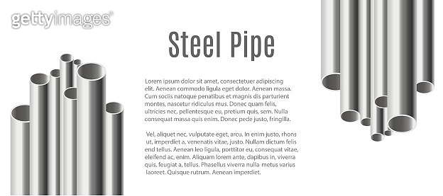 Banner with realistic steel chrome pipes of different diameter and text ...